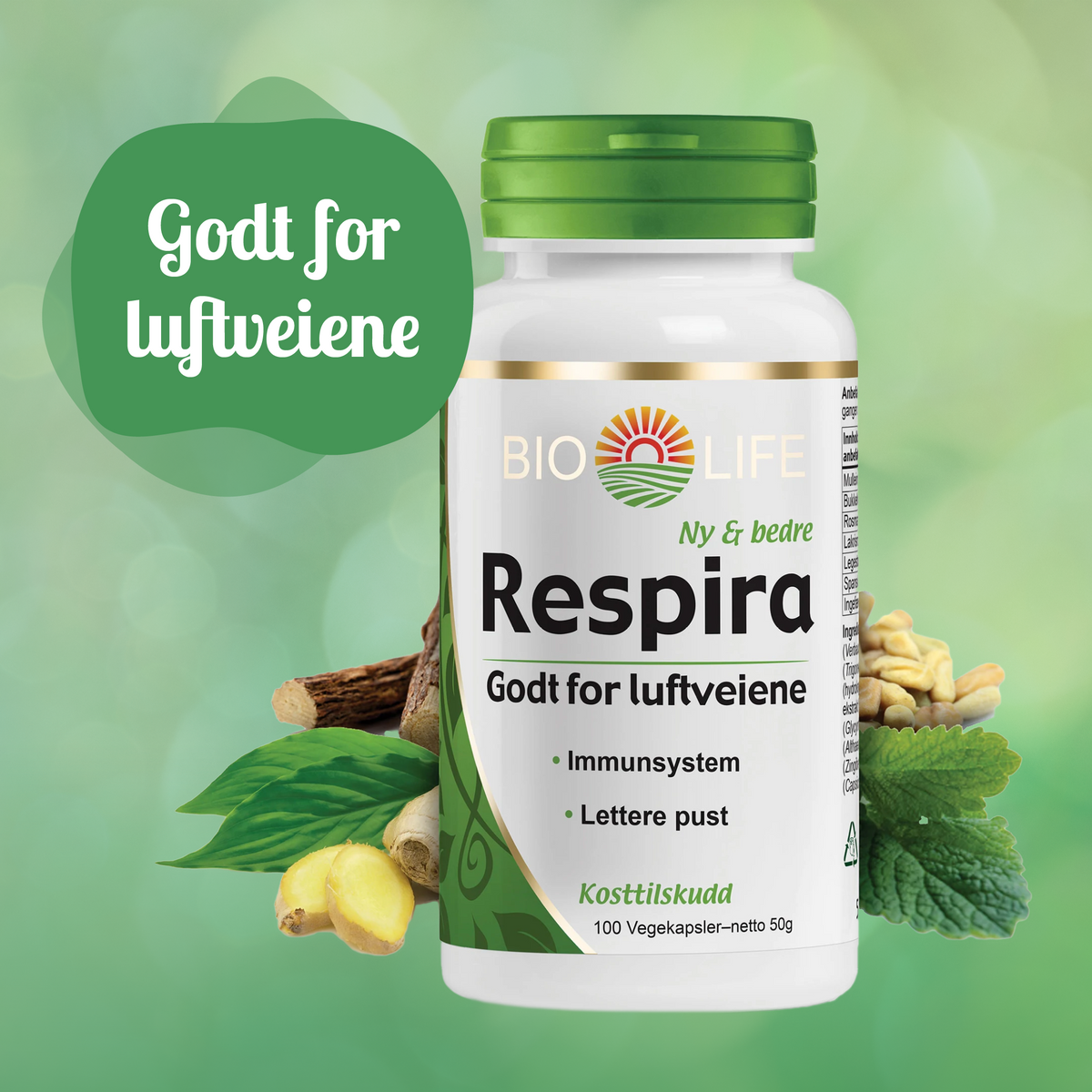 Bio Life - Respira | 100 vegekapsler | Naturlig Urtetilskudd